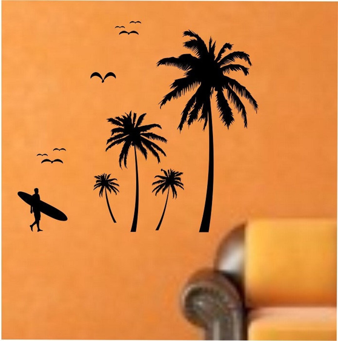 Surfer Palm Tree Beach Vinyl Wall Decal: Coastal Art Decor - Etsy