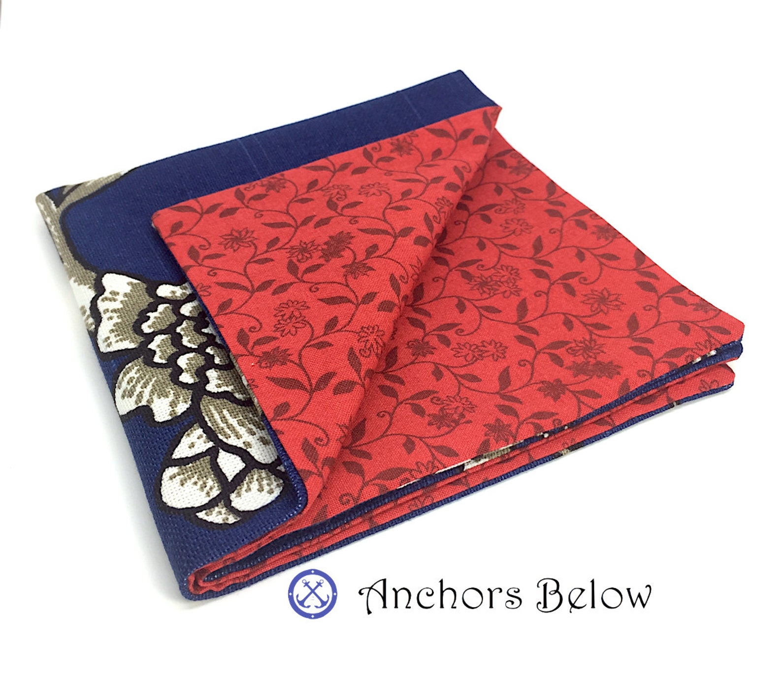Cherry Blossom Pocket Square, Floral Pocket Square, Navy and Coral ...