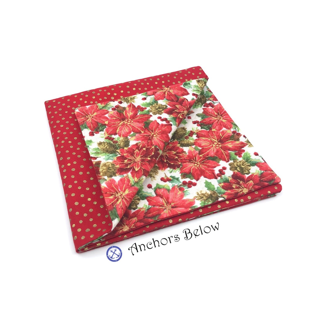 Poinsettia Pocket Square, Christmas Pocket Square, Gold and Red Polka ...