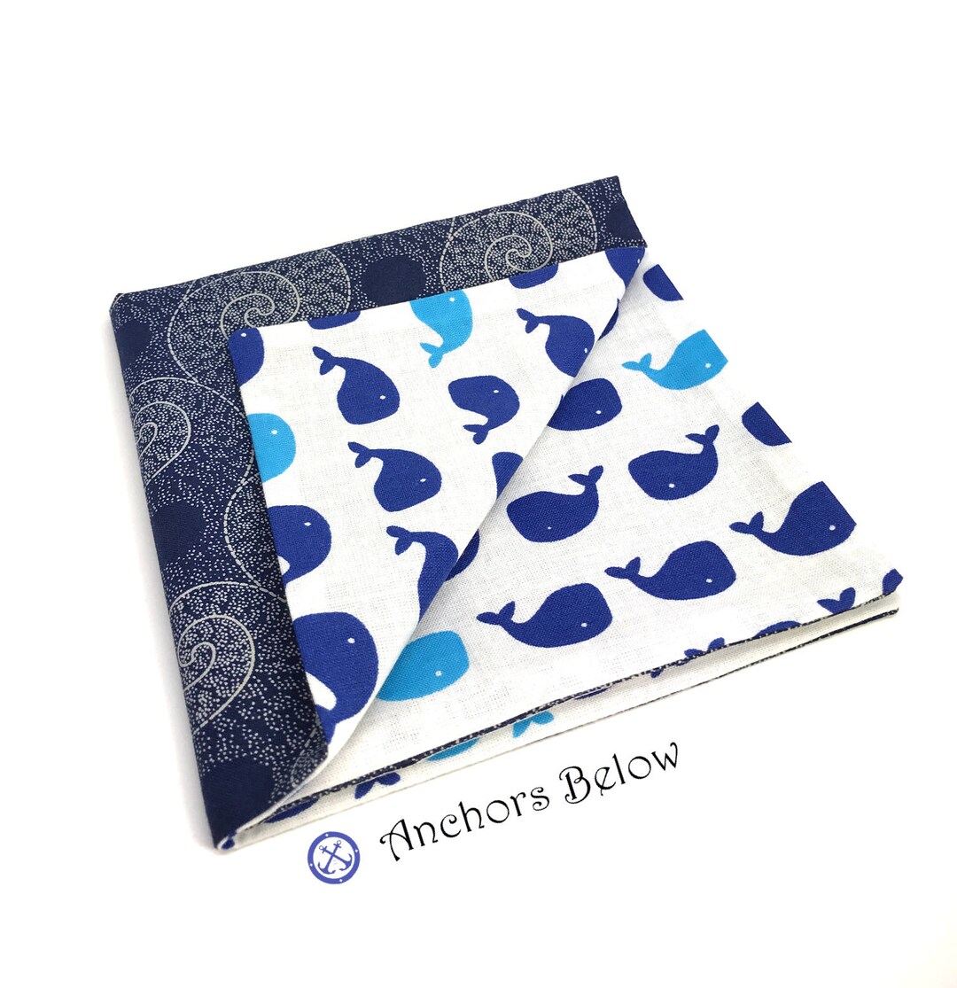 Whale Pocket Square, Blue Whales and Navy Waves, Double Sided Pocket ...