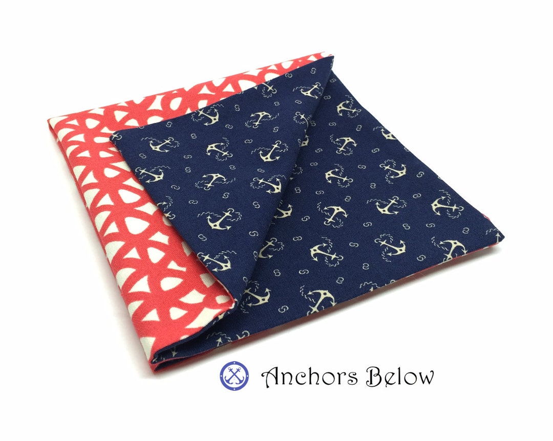 Navy and Coral Pocket Square , Anchors Pocket Square, Nautical Pocket ...