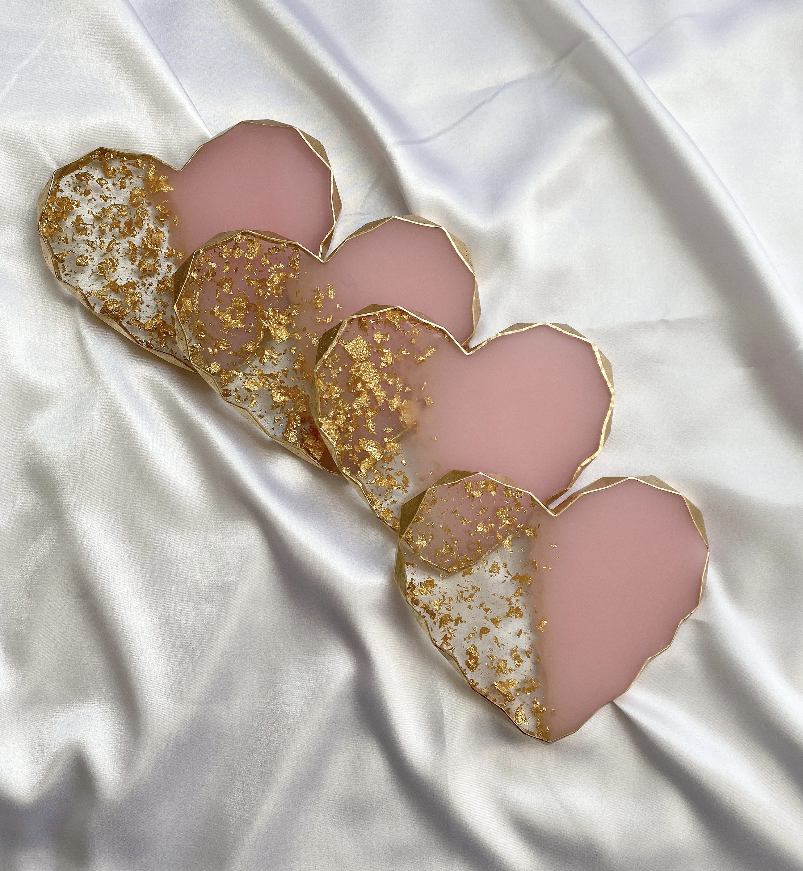 Drinkware | Resin Heart Coasters| Gift | Stunning Pink and Gold Flakes ...