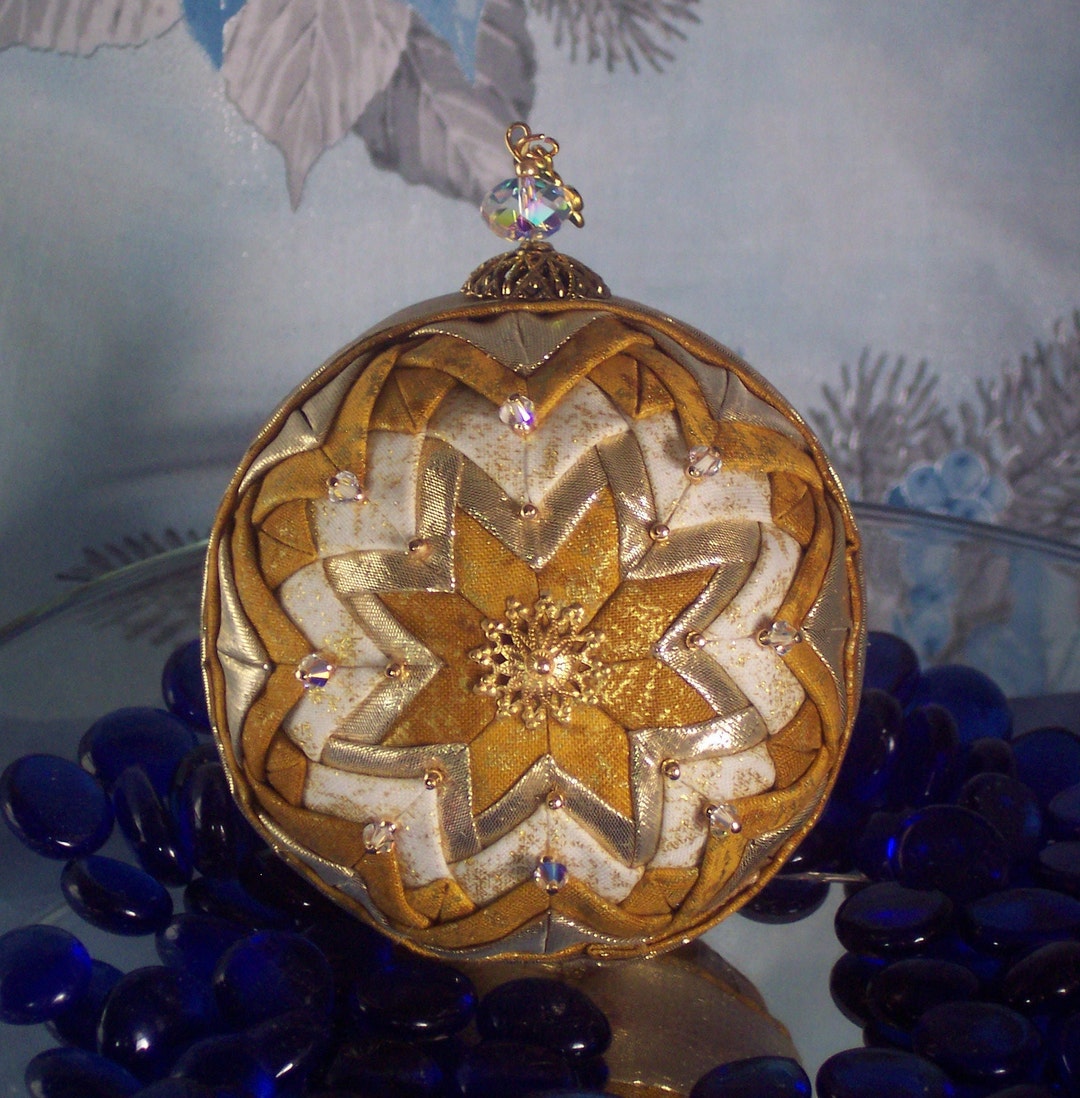 Quilted Christmas Tree Ornament Gold and White Christmas Fabric ...