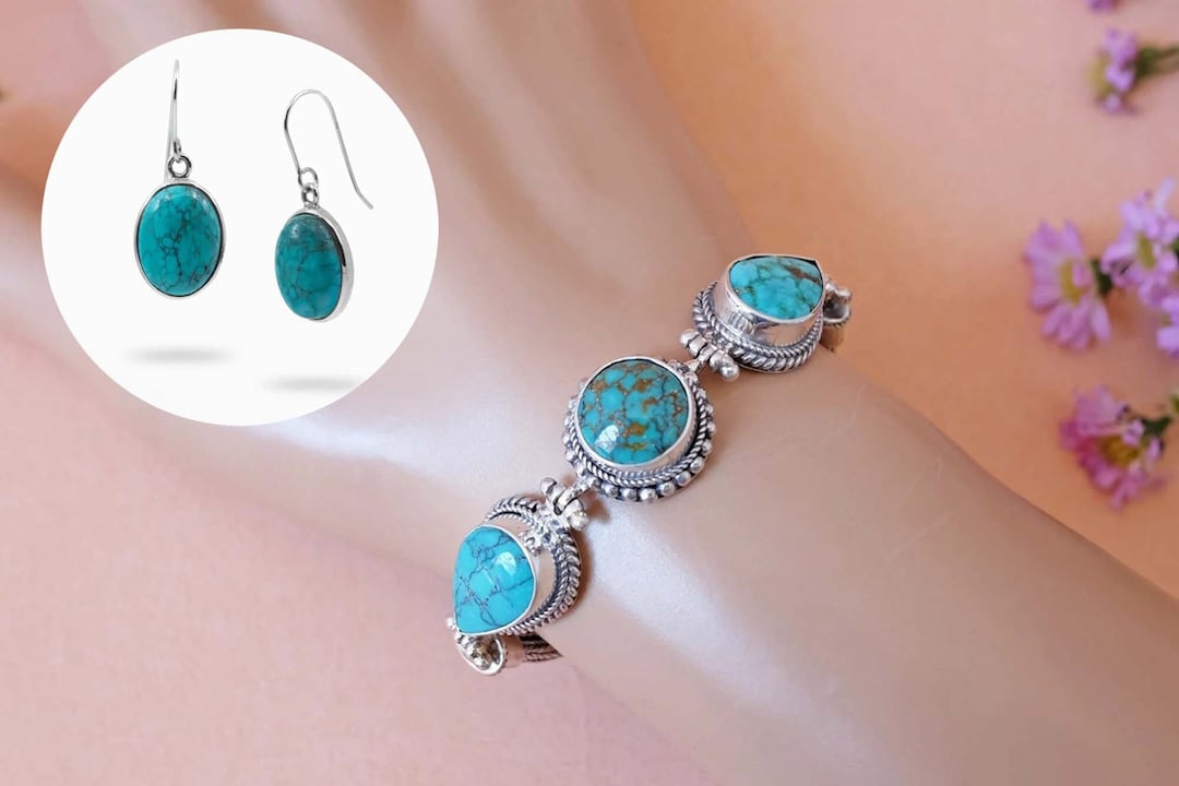 Set Handmade Bali Silver Turquoise Bracelet & Earrings - 92.5% Sterling ...