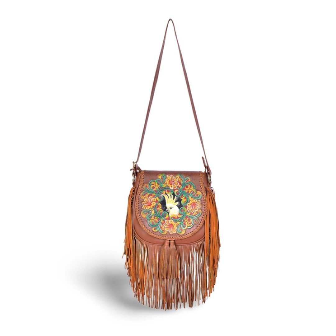 Hand Carved Crossbody Fringe Bag for Women, Brown Cockatoo Birds Motifs ...