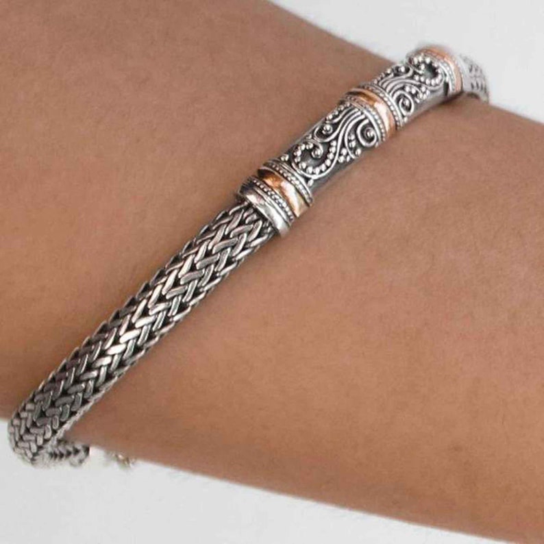 Women Bali Bracelet Byzantine Chain| Bali Silver Bangle Chain With Gold ...