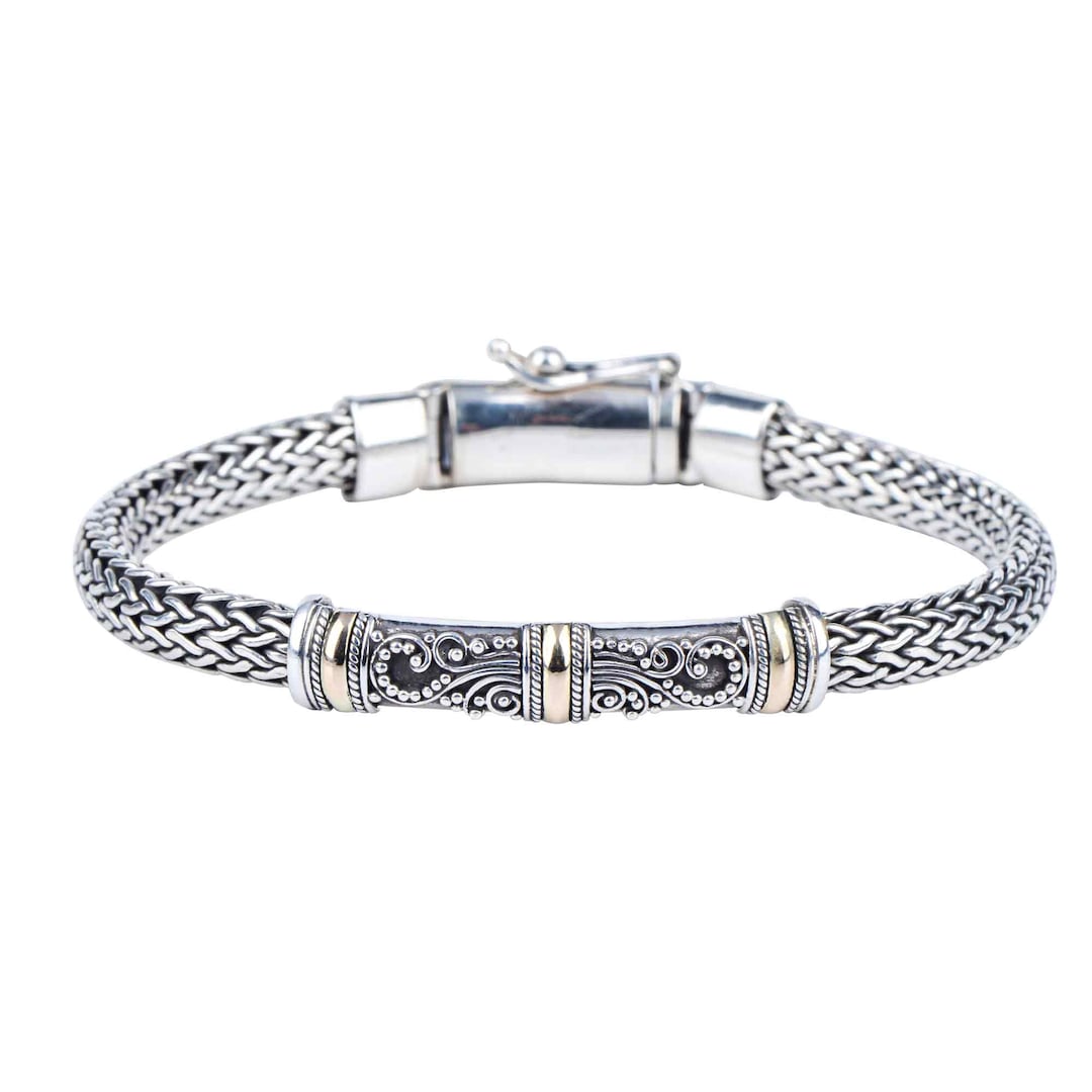 Women Bali Bracelet Byzantine Chain| Bali Silver Bangle Chain With Gold ...