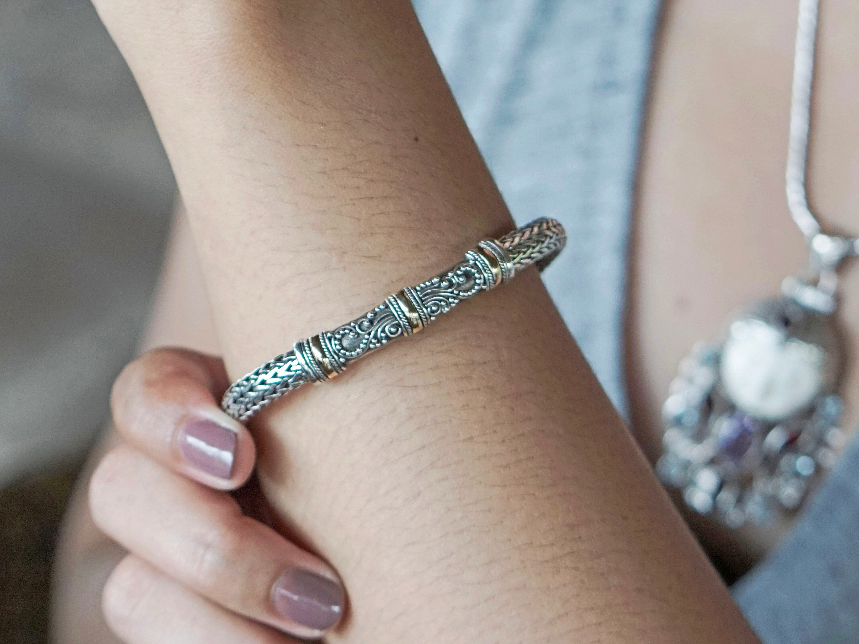 Women Bali Bracelet Byzantine Chain| Bali Silver Bangle Chain With Gold ...