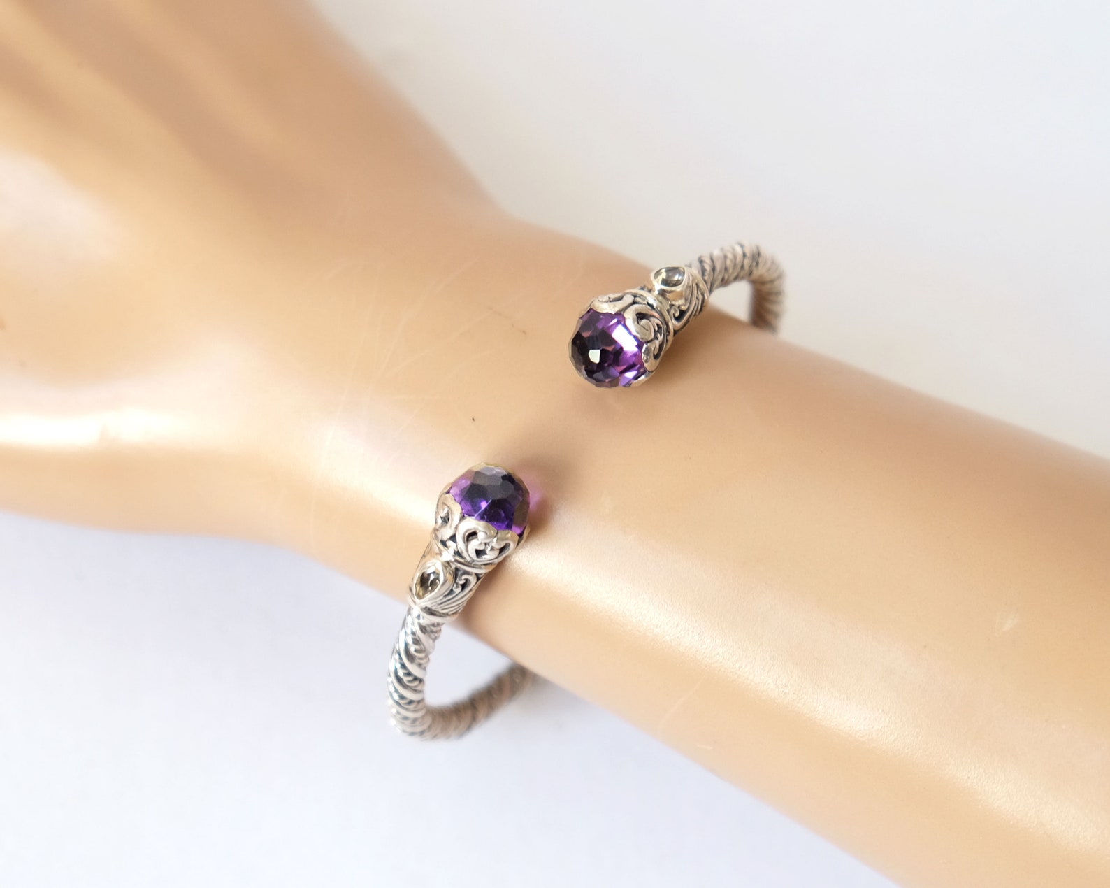 Bali Silver Bangle With Amethyst Indonesian Silver Cuff | Etsy