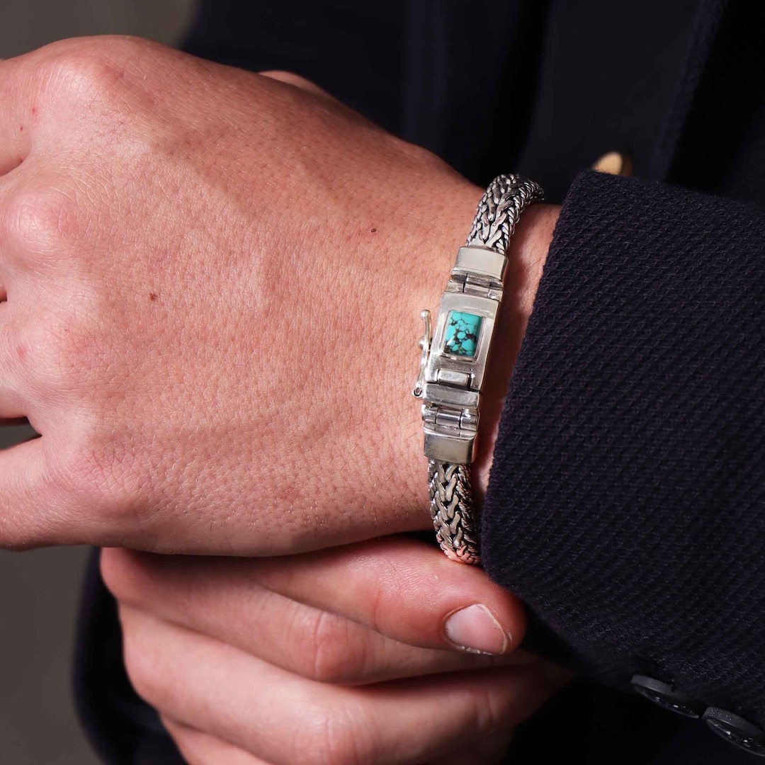 Men's Dragon Bone Chain Bracelet With Turquoise Gemstone, Thick Bali ...