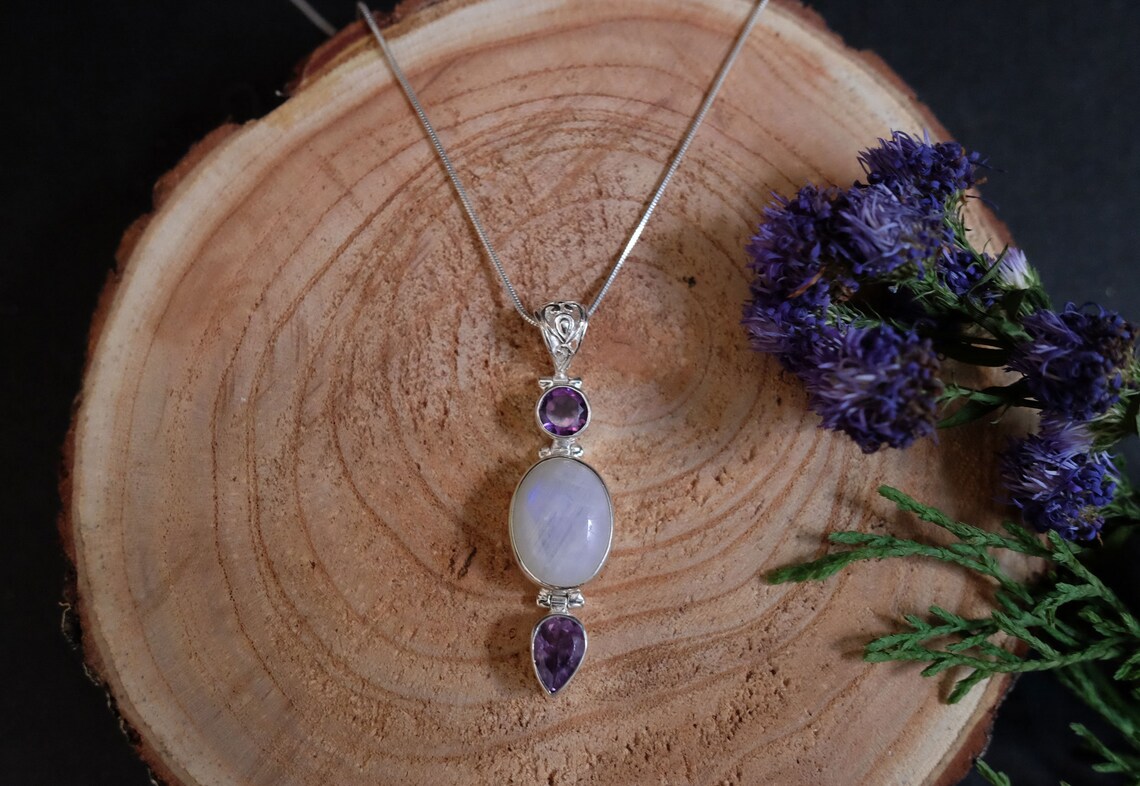 Blue flash Rainbow Moonstone & Amethyst Pendant Bohemian | Etsy