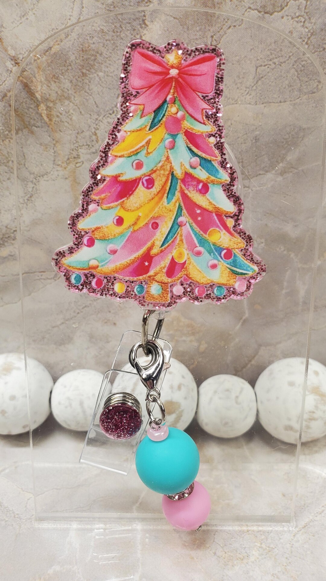 Pink Christmas Tree Badge Reel: Glitter Holiday ID Holder - Etsy