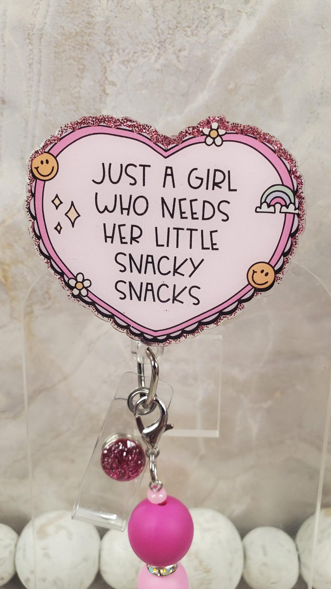 Girl Who Needs Snacky Snacks Badge Reel With Beads: Funny Glitter ID ...