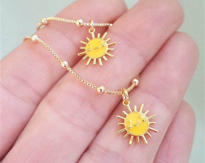18K Gold Plated Brass Smiling Sun Face Charm Bracelet, Adjustable ...