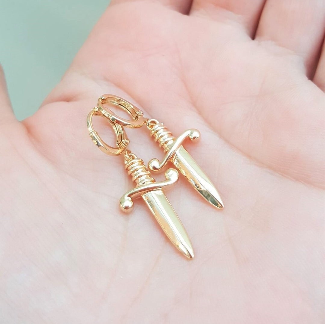 Dagger Huggie Hoop Earrings, 18K Gold Plated, Handmade Hoop Earrings by Detail London. - Etsy UK