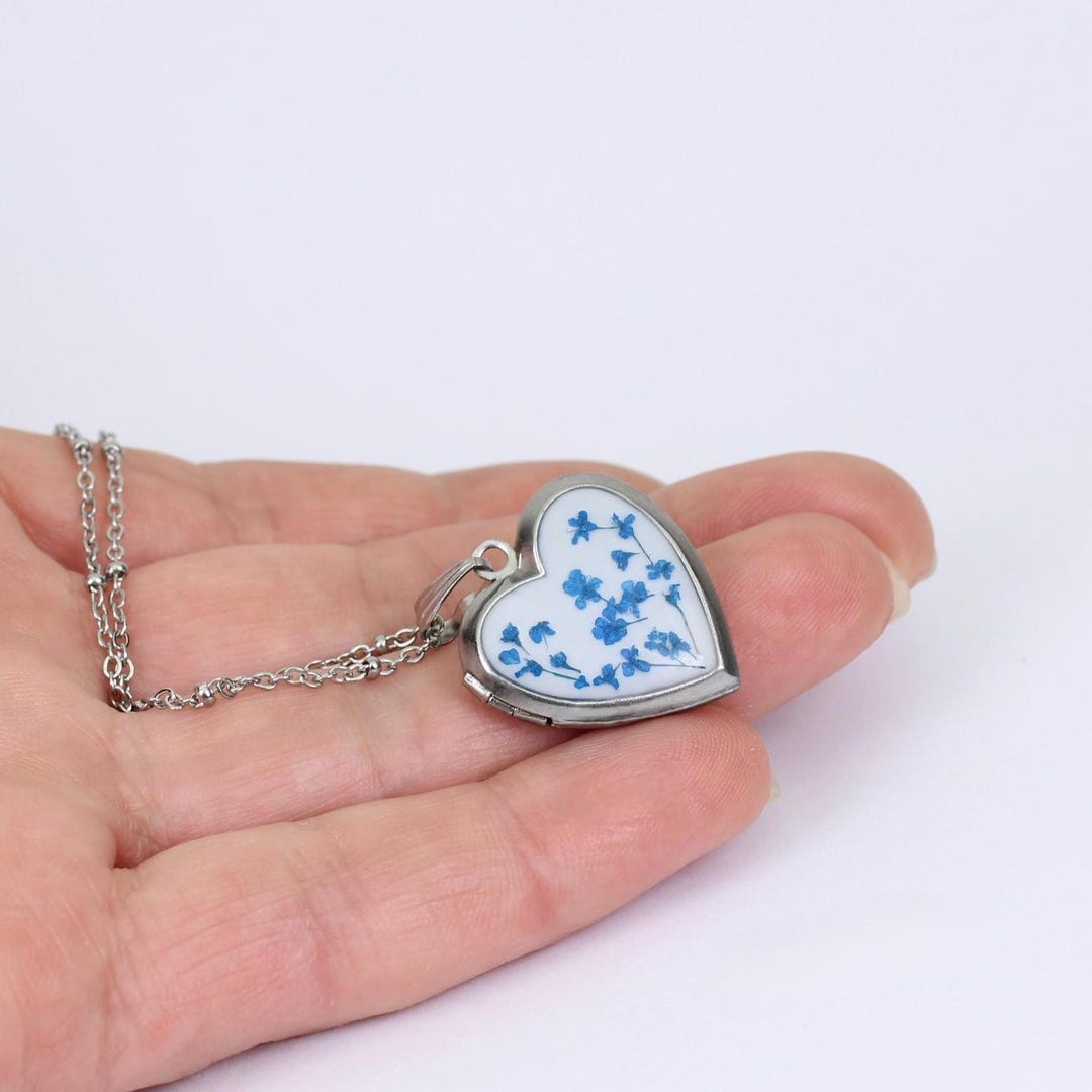 Pressed Flower Heart Locket: Delft Blue Floral, Handmade Keepsake, Made ...
