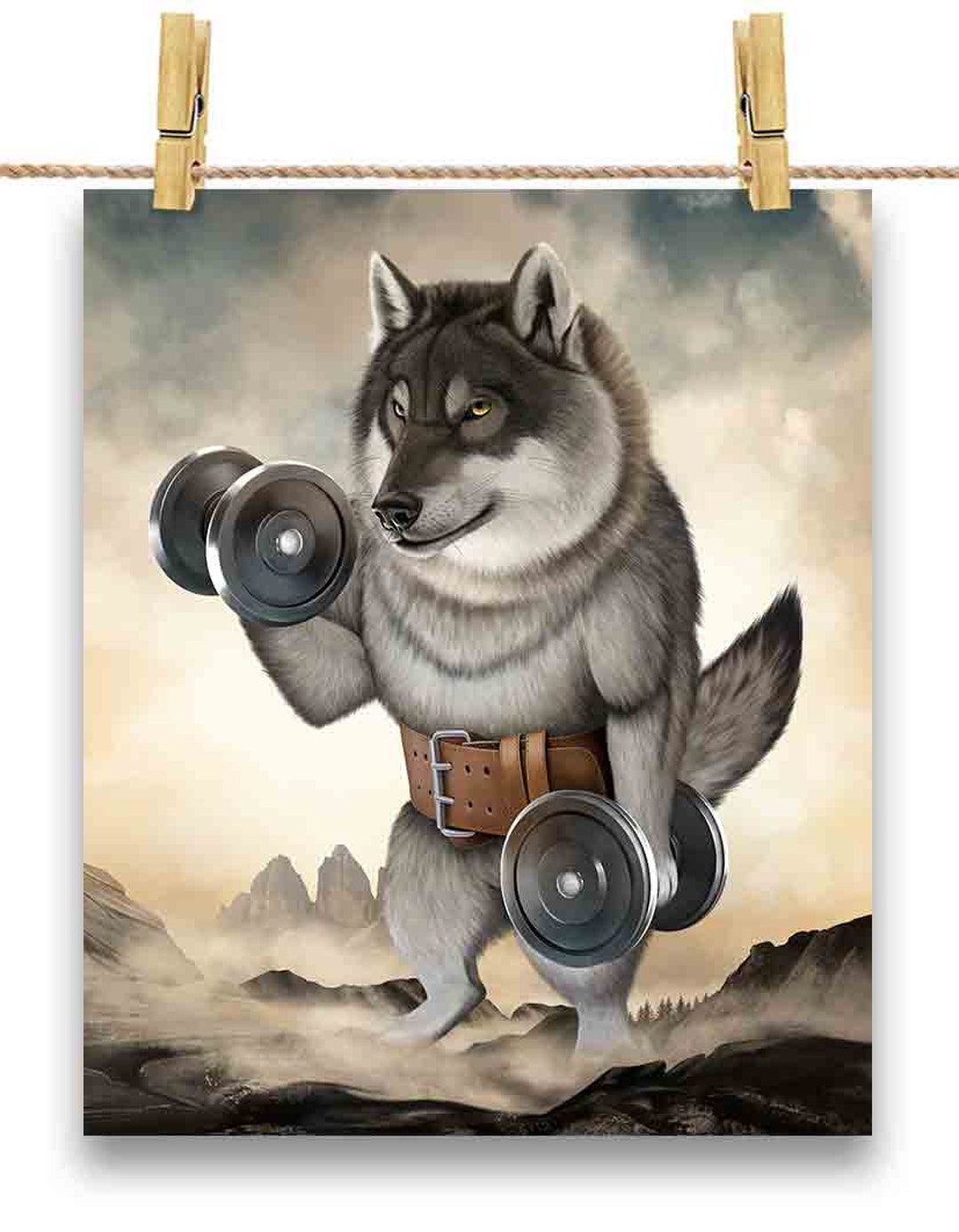 Wolf Muscle Training Weightlifting With Dumbbell - Poster Print, Wall ...