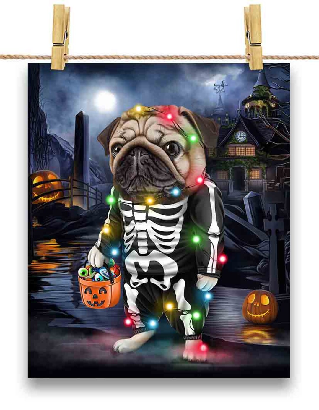 Fawn Pug Dog in Skeleton Costume: Halloween Party Dress-up - Poster ...