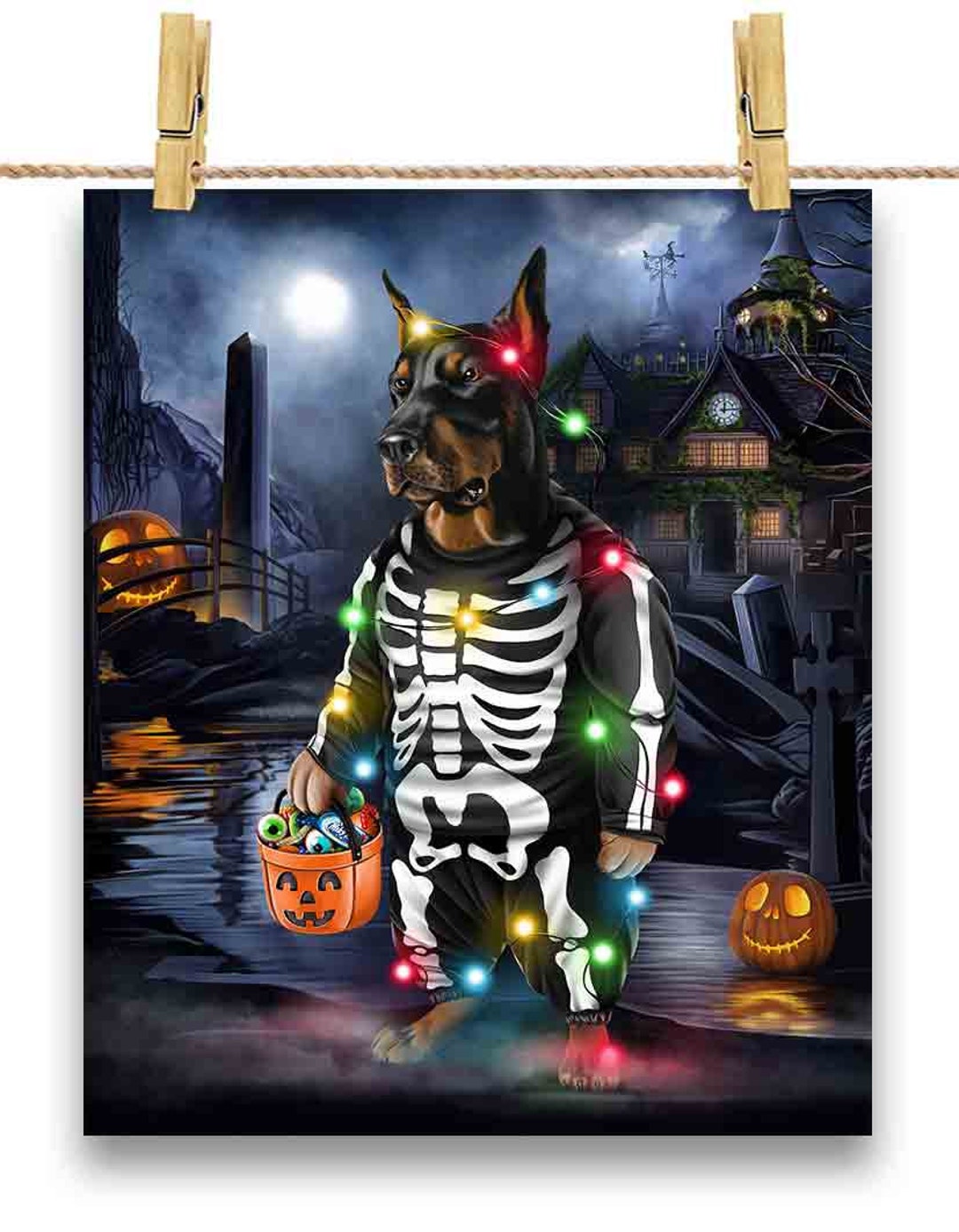 Doberman Dog in Skeleton Costume: Halloween Party Dress-up - Poster ...