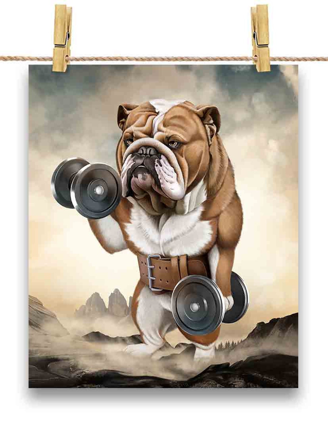 English Bulldog Muscle Training Weightlifting With Dumbbell - Poster ...