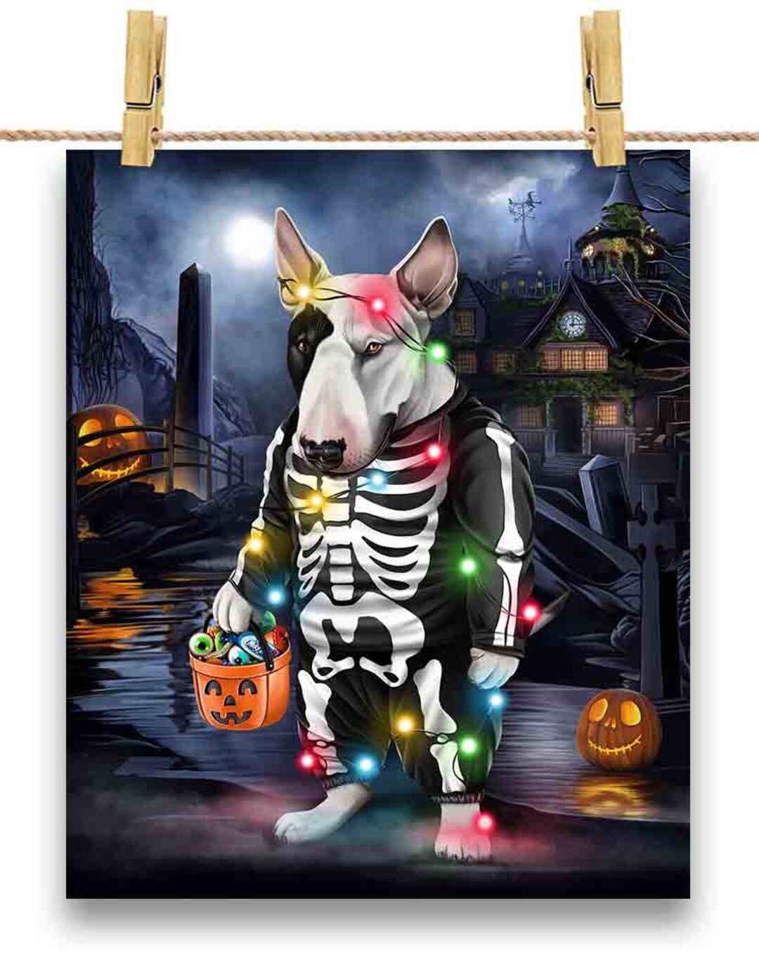 Bull Terrier Dog in Skeleton Costume: Halloween Party Dress-up - Poster ...