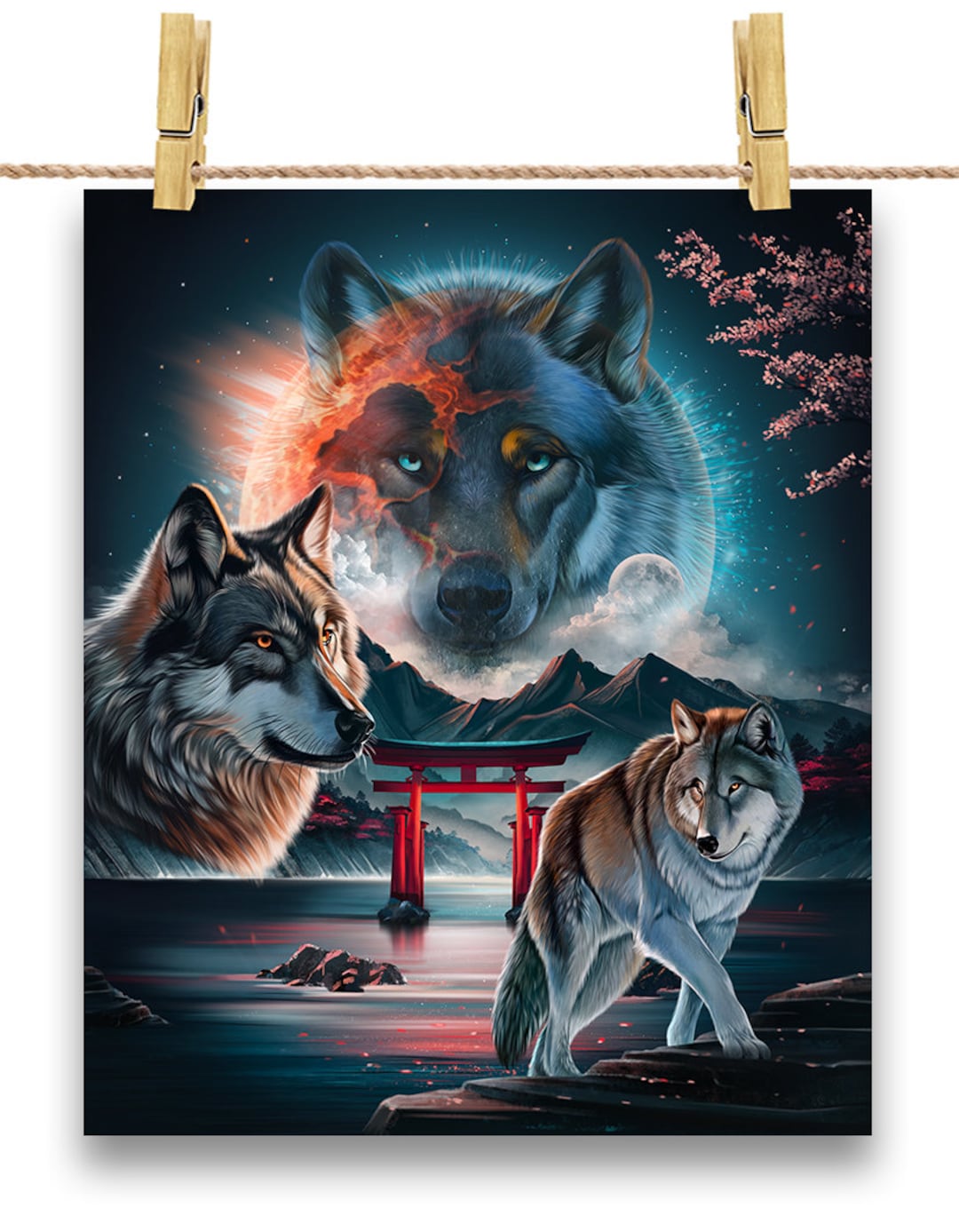 Cosmic Wolf in Japanese Mountain With Sakura and Torii Gate - Poster ...