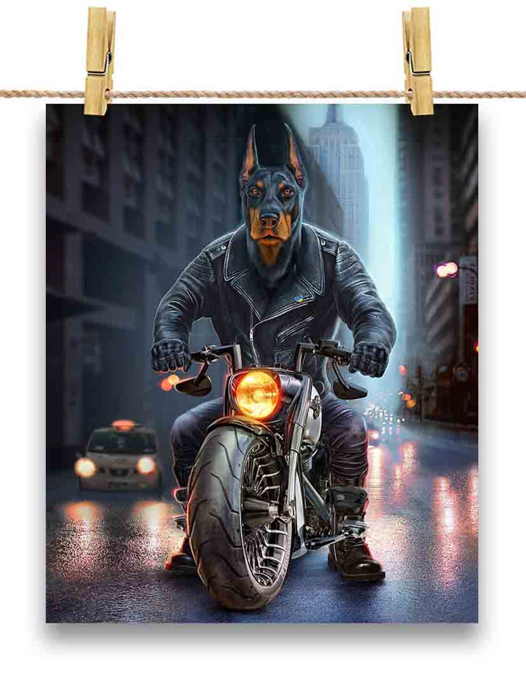 Doberman Dog Cruise: New York City Street on Motorcycle Matte Vertical ...