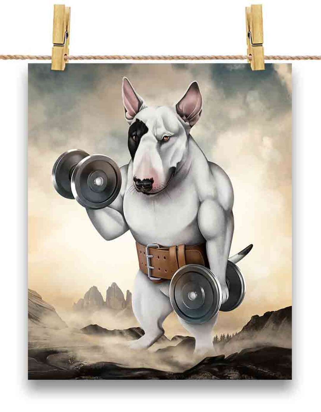 Bull Terrier Dog Muscle Training Weightlifting With Dumbbell - Poster ...
