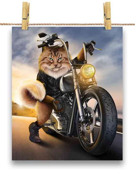 Biker Tabby Cat Riding Chopper Motorcycle Custom Poster - Etsy