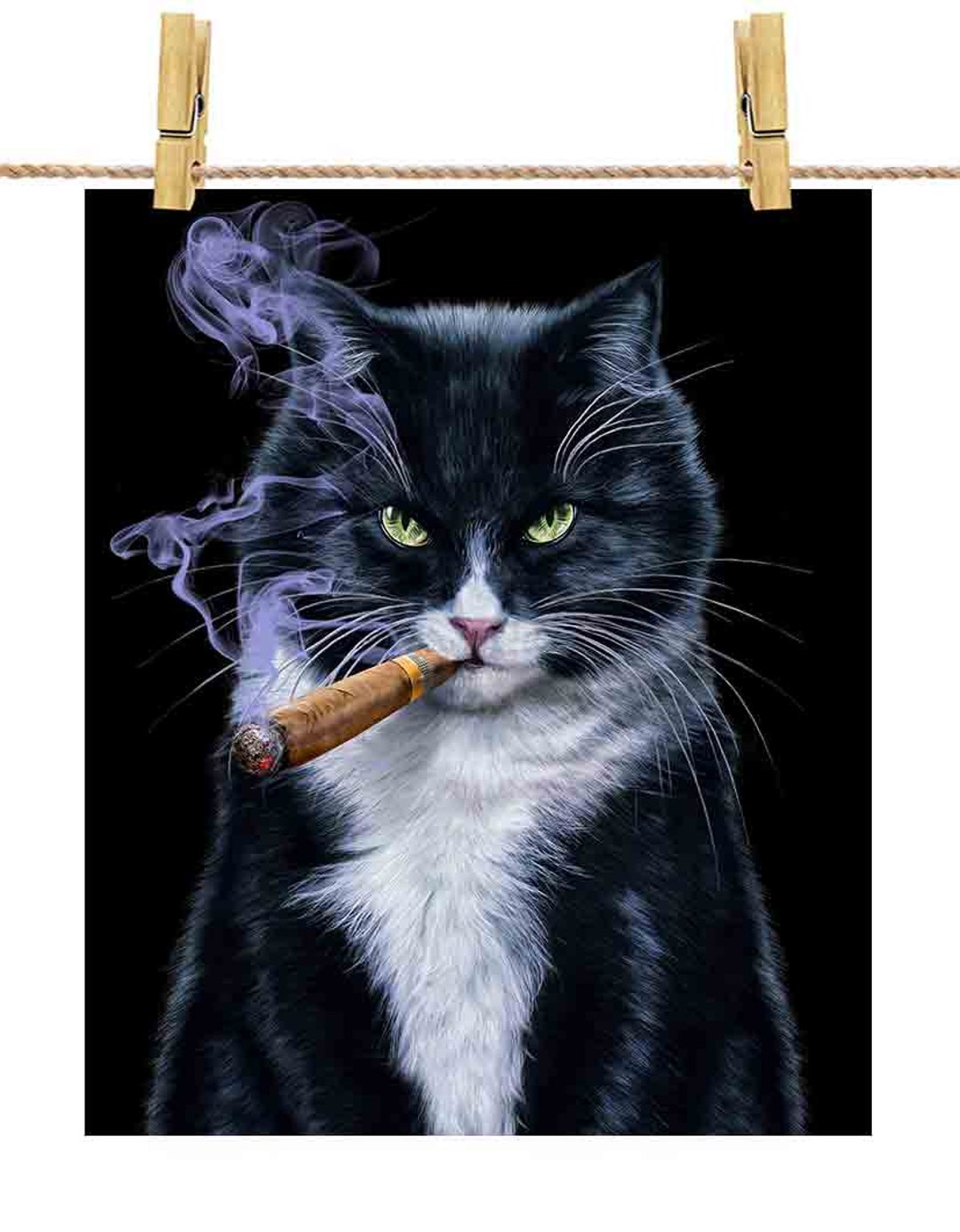Stern Bicolor Cat Puffing a Cigar - Poster Print, Wall Art, Home Decor ...