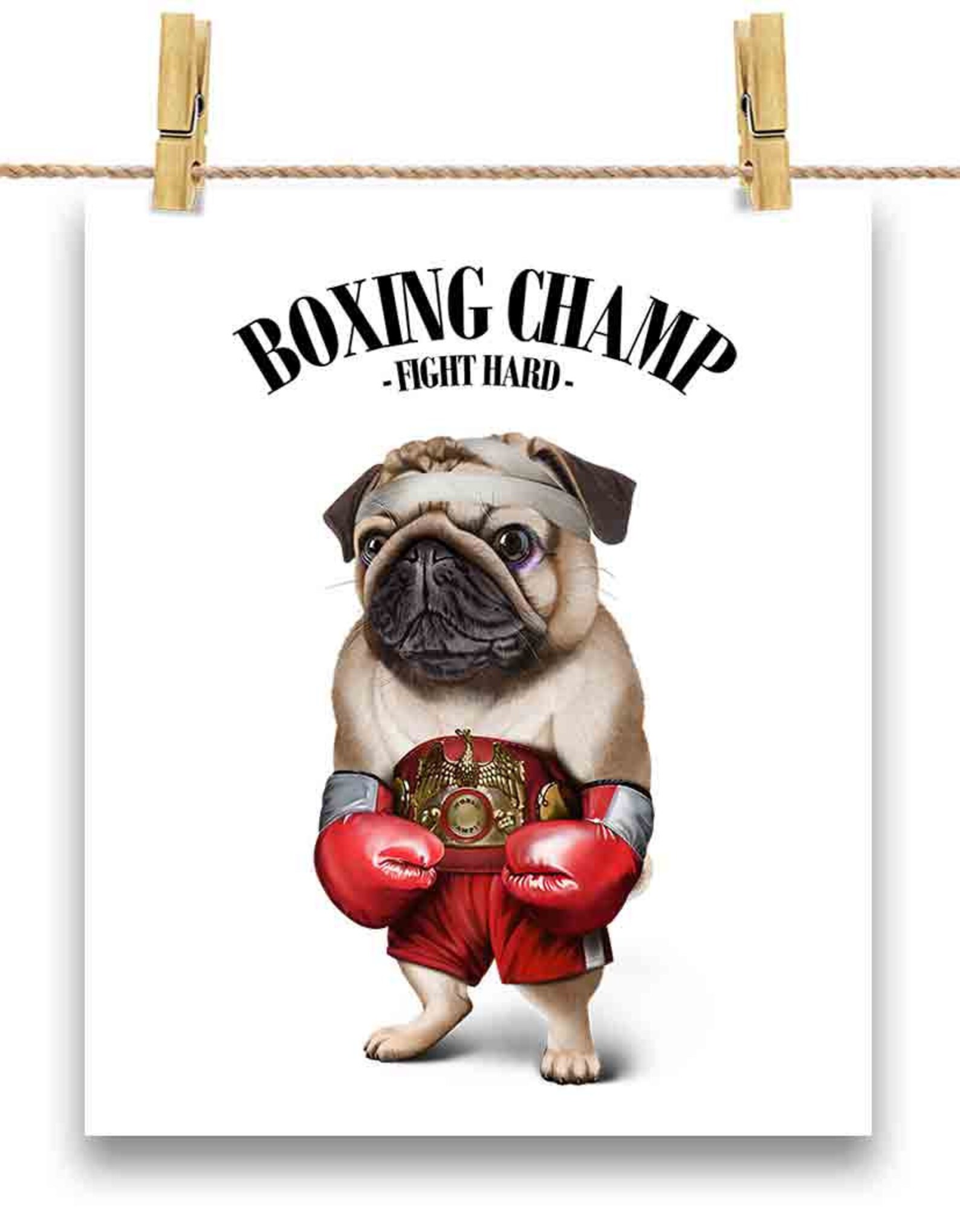 Pug Dog as Boxing Champion Boxer Fighter MMA - Poster Print, Wall Art ...