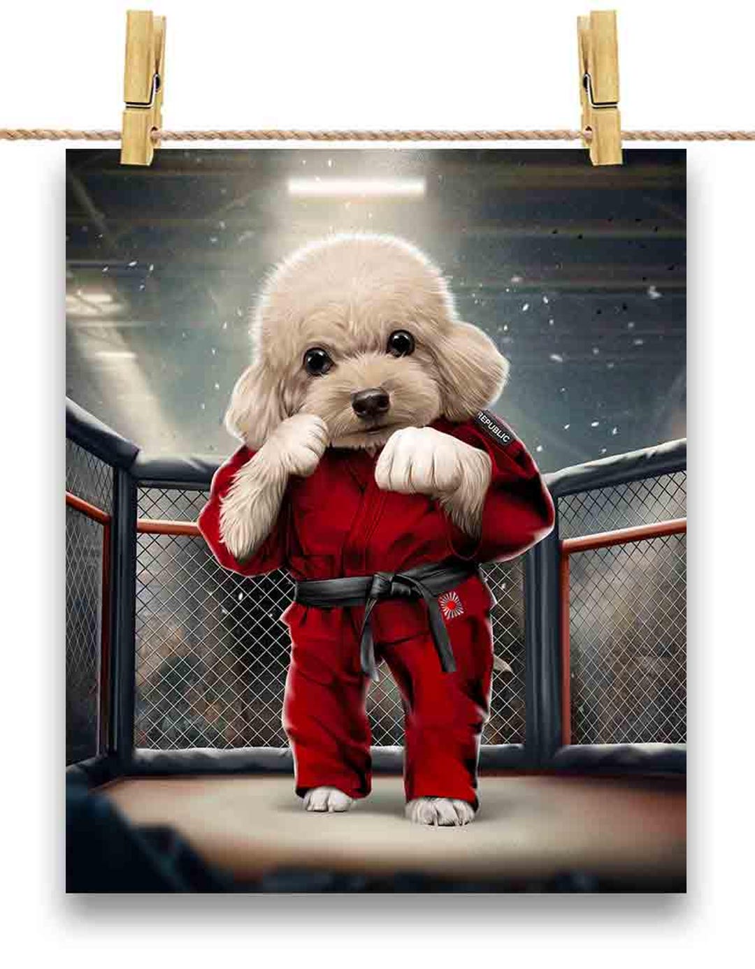 Karate and Judo Champion With Cream Poodle Dog Sensei in Red Gi ...