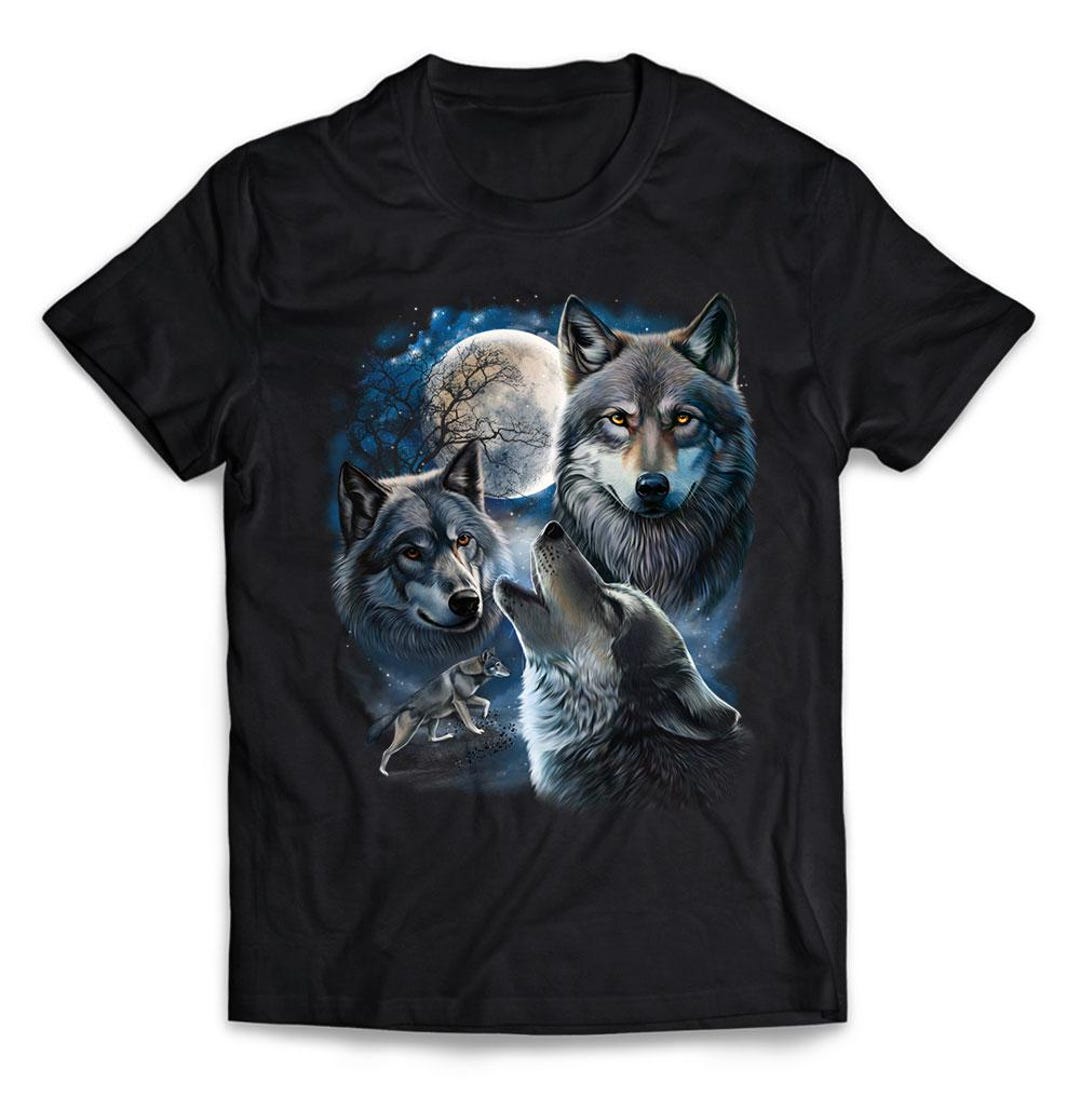 Grey Wolf Under Full Moon, Space, Galaxy, and Stars - Short-sleeve ...