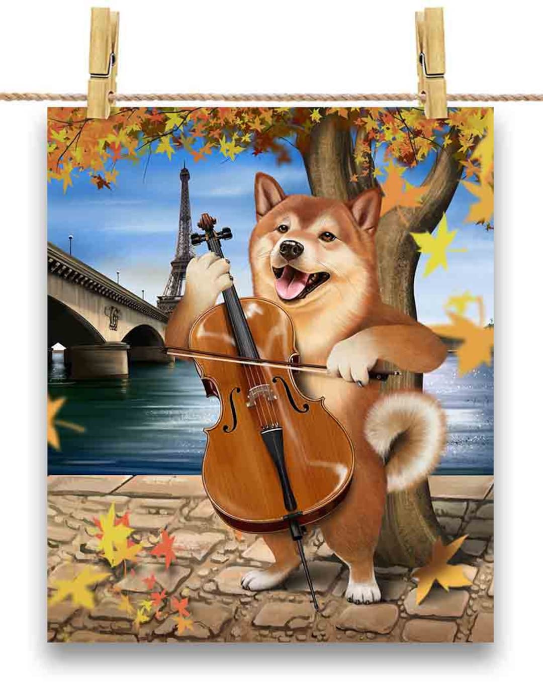 Shiba Dog Playing Cello at Eiffel Tower Paris - Poster Print, Wall Art ...