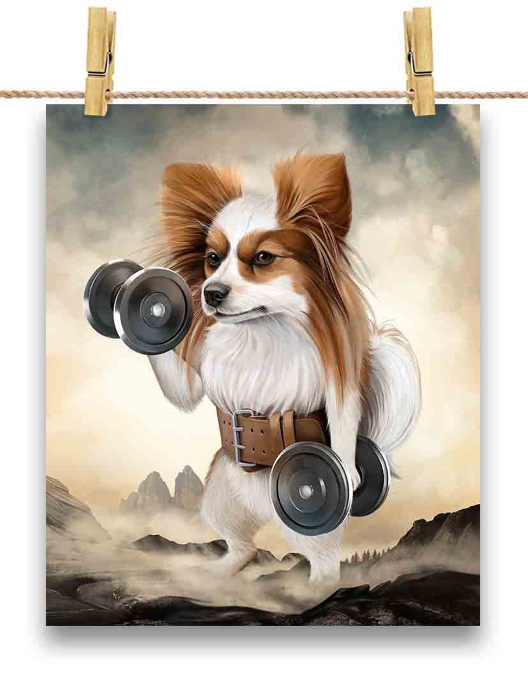 Papillon Dog Muscle Training Weightlifting With Dumbbell - Poster Print ...