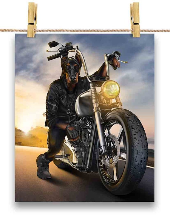 Doberman Dog Riding Chopper Motorcycle Custom Poster Print | Etsy