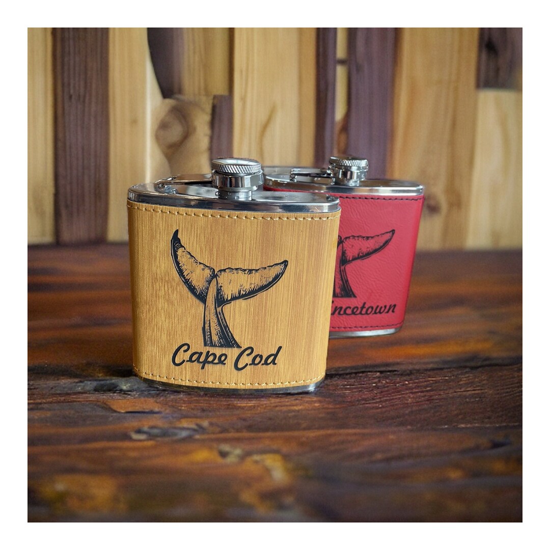 Cape Cod Towns Whale Tail Stainless Steel Leatherette Hip Flask Laser ...