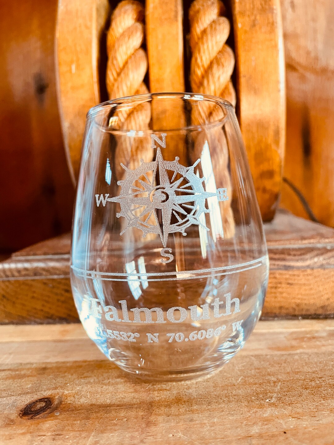 Cape Cod Nautical Compass Stemless Wine Glass Laser Engraved Can Be ...