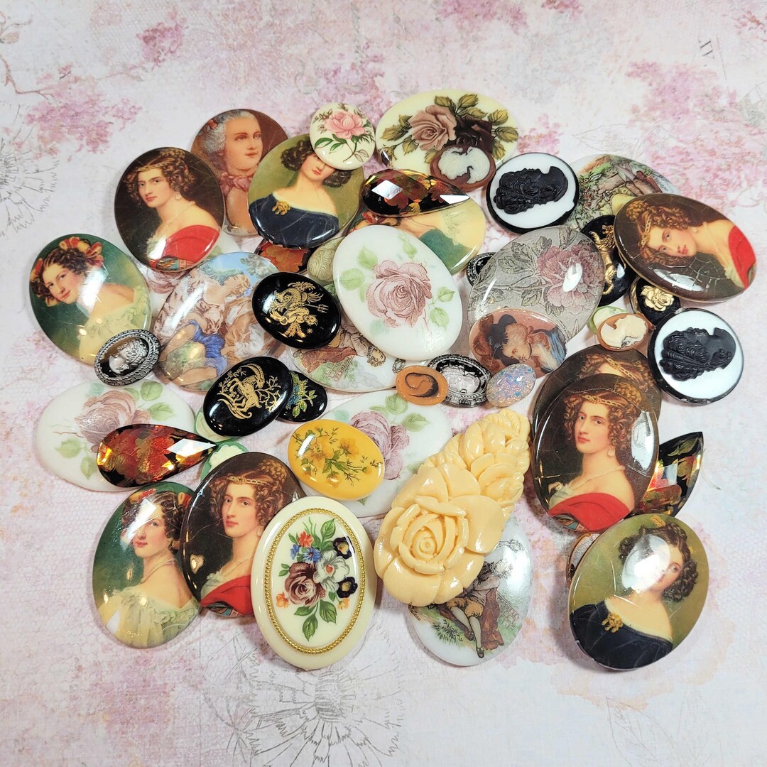 Vintage Cameo Lot: 50+ Pieces, Mixed Glass, Resin, Intaglio, Florals ...