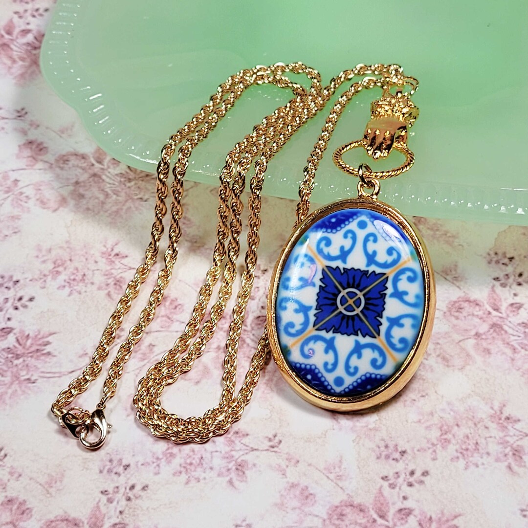 Blue Mosaic Tile Necklace Ceramic Tile Pendant Vintage Style - Etsy
