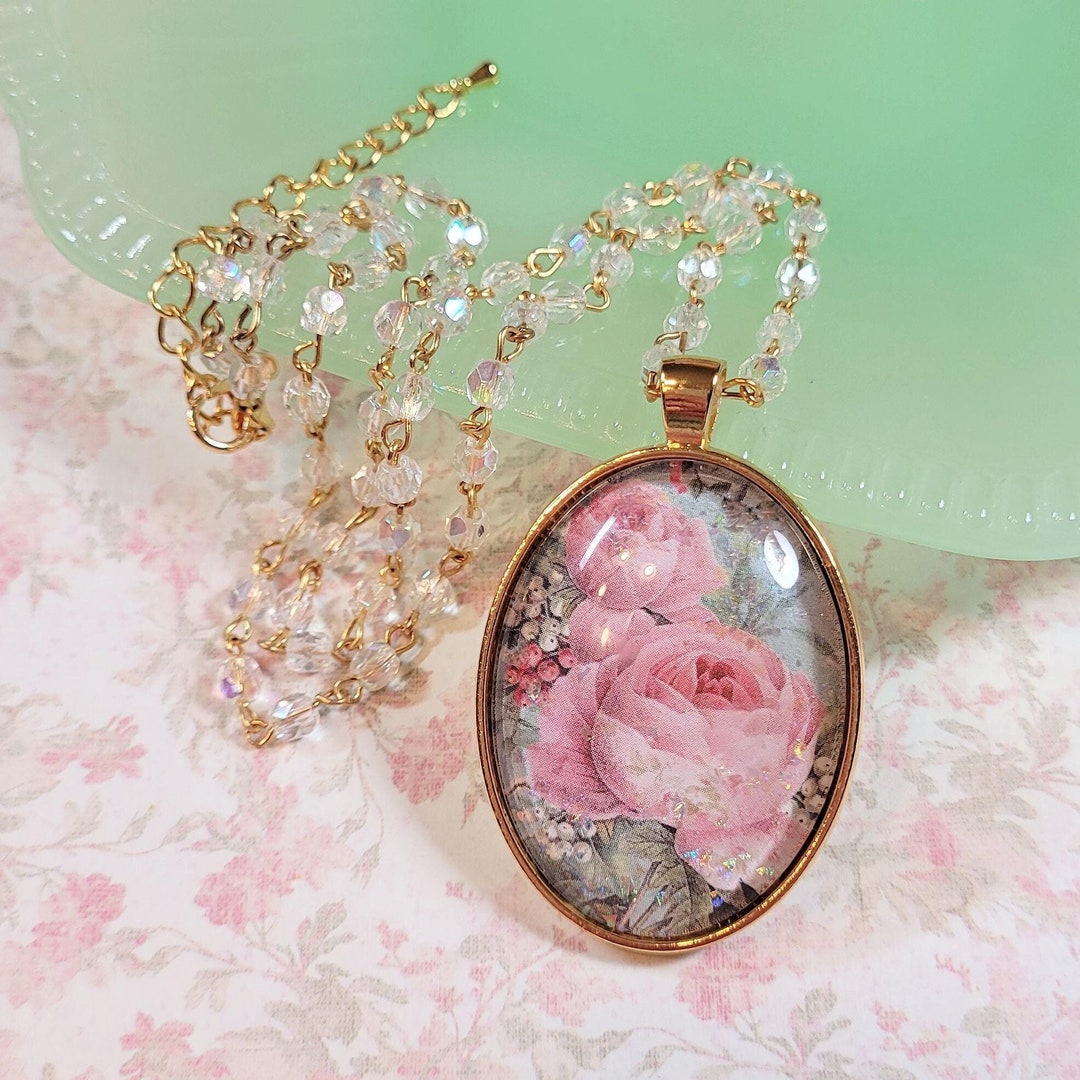 Pink Roses Necklace, Pink Winter Necklace, Glass Bead Chain, Holiday ...