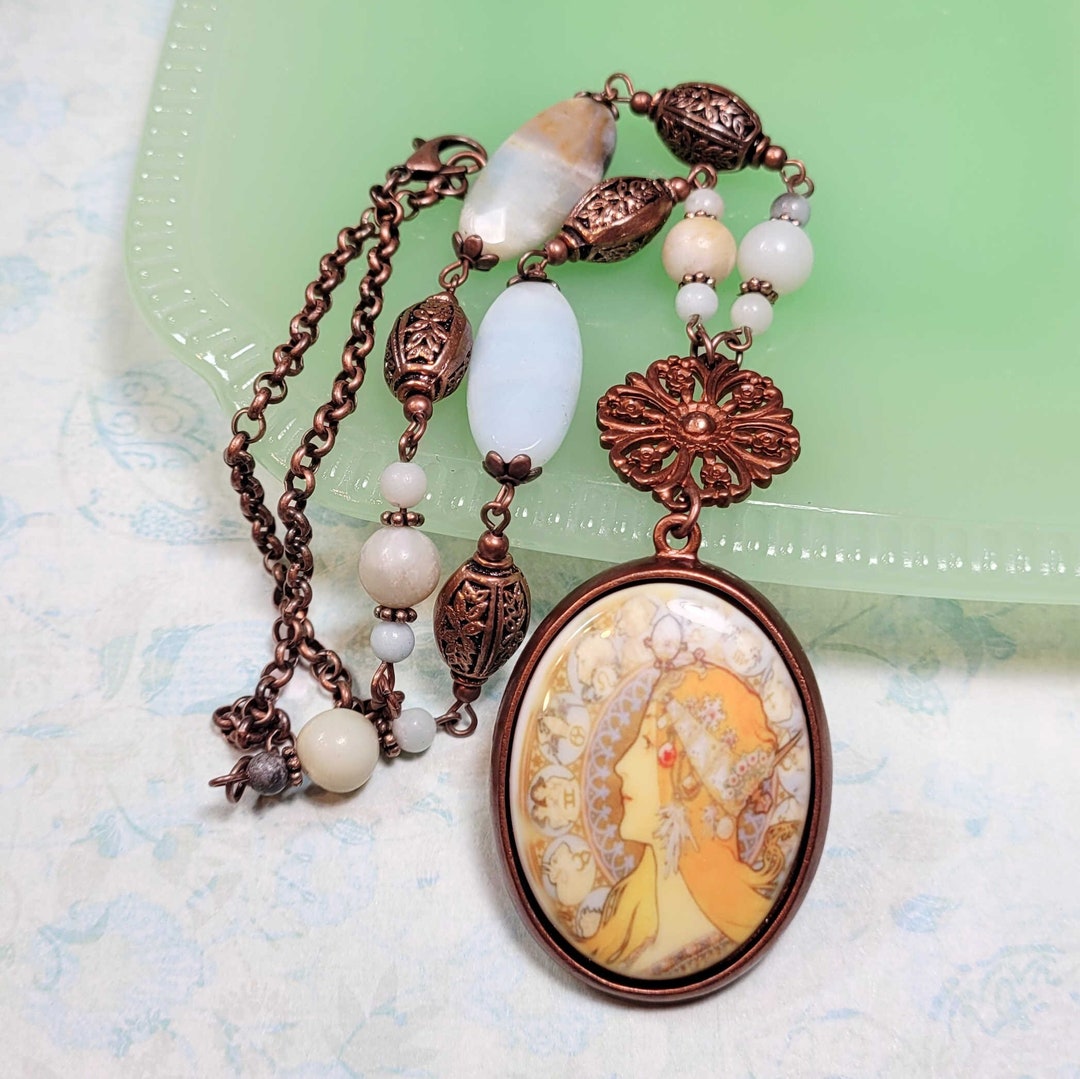 Mucha Zodiac Necklace, Art Nouveau Necklace, Amazonite Gemstone Chain ...