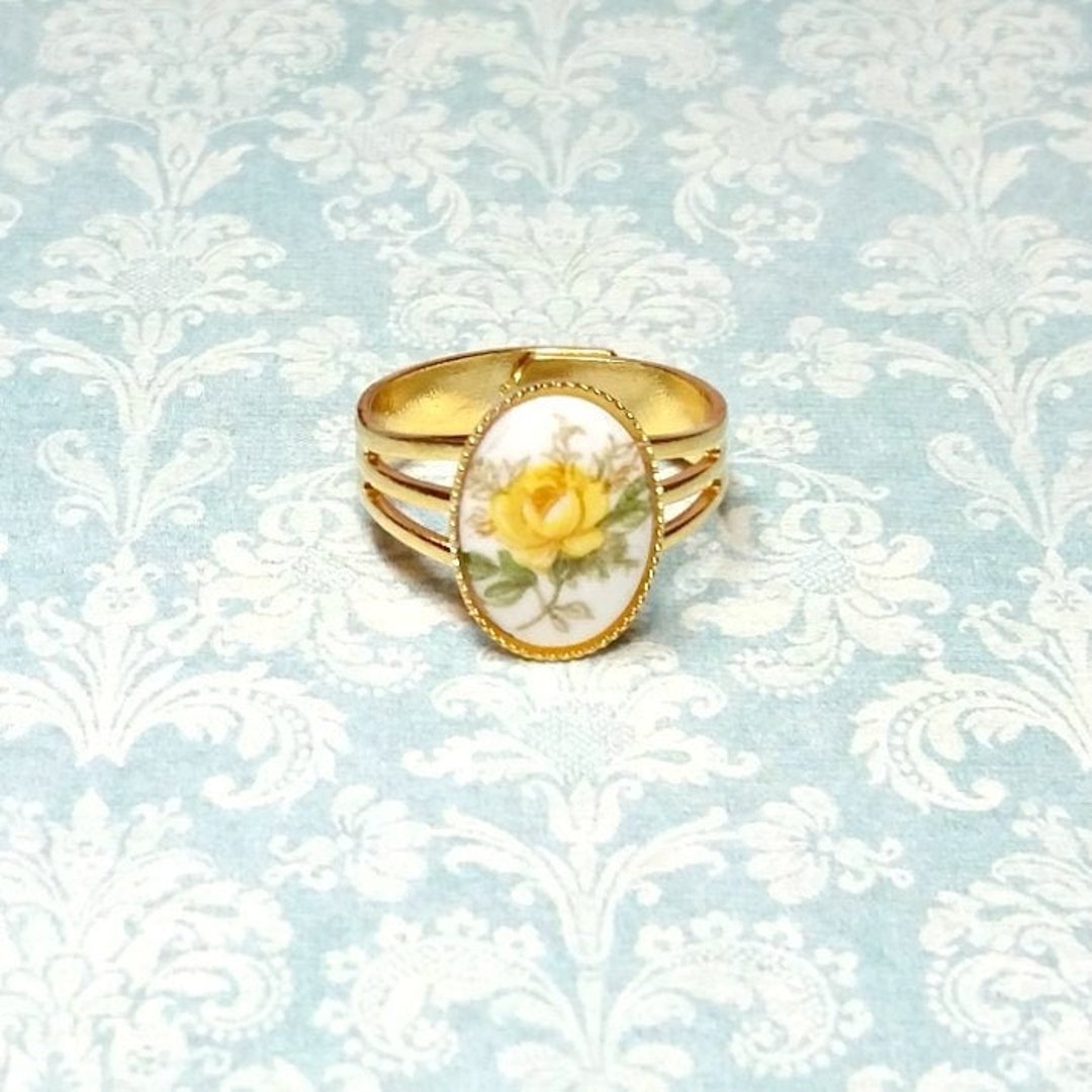 Yellow Rose Ring, Yellow Rose Cameo Ring, Yellow Flower Ring, Vintage ...