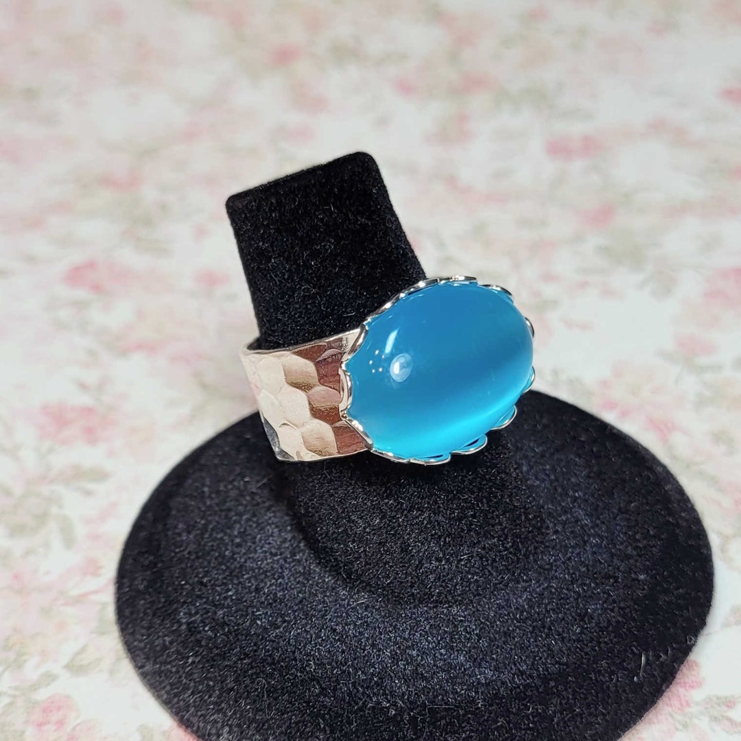 Blue Cat's Eye Ring, Wide Silver Tone Ring, Horizontal Blue Ring ...