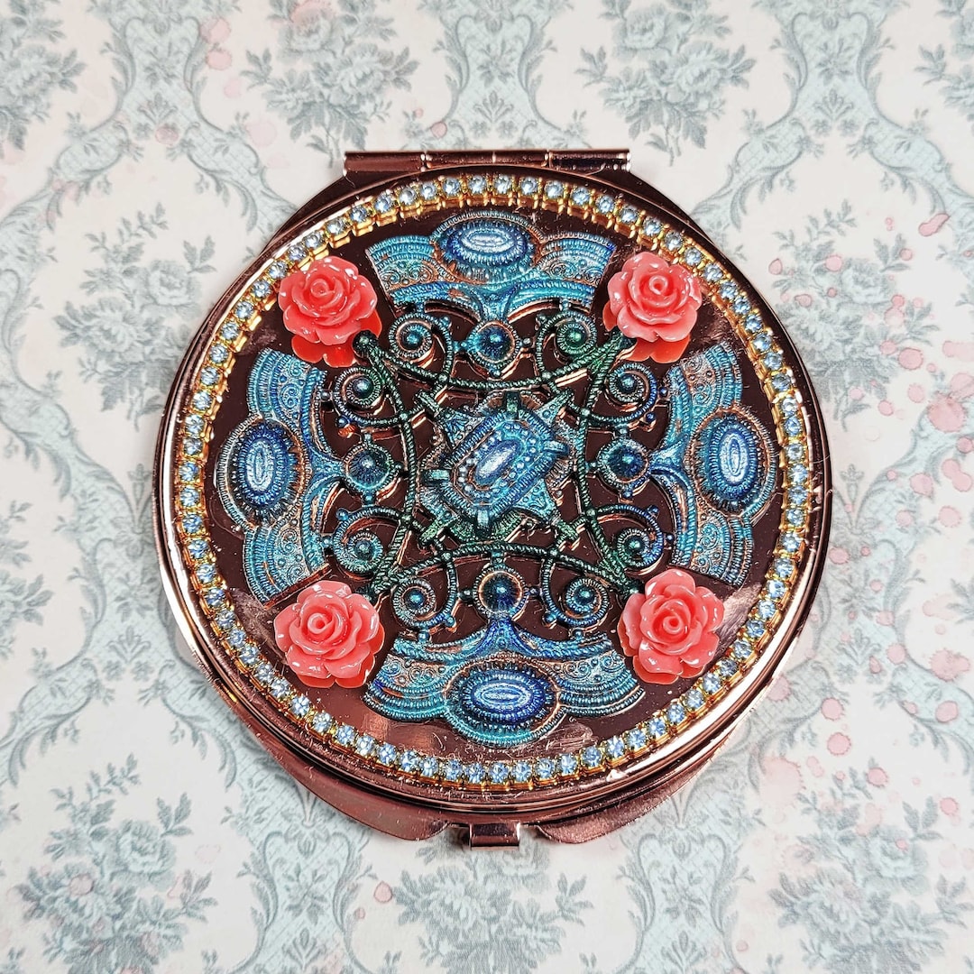 Embellished Compact, Colorful Pocket Mirror, Mini-assemblage, Rose Gold ...