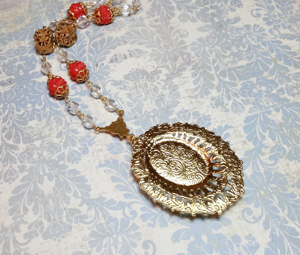 Red Rose Cameo Necklace Set Porcelain Rose Pendant Gold Tone - Etsy