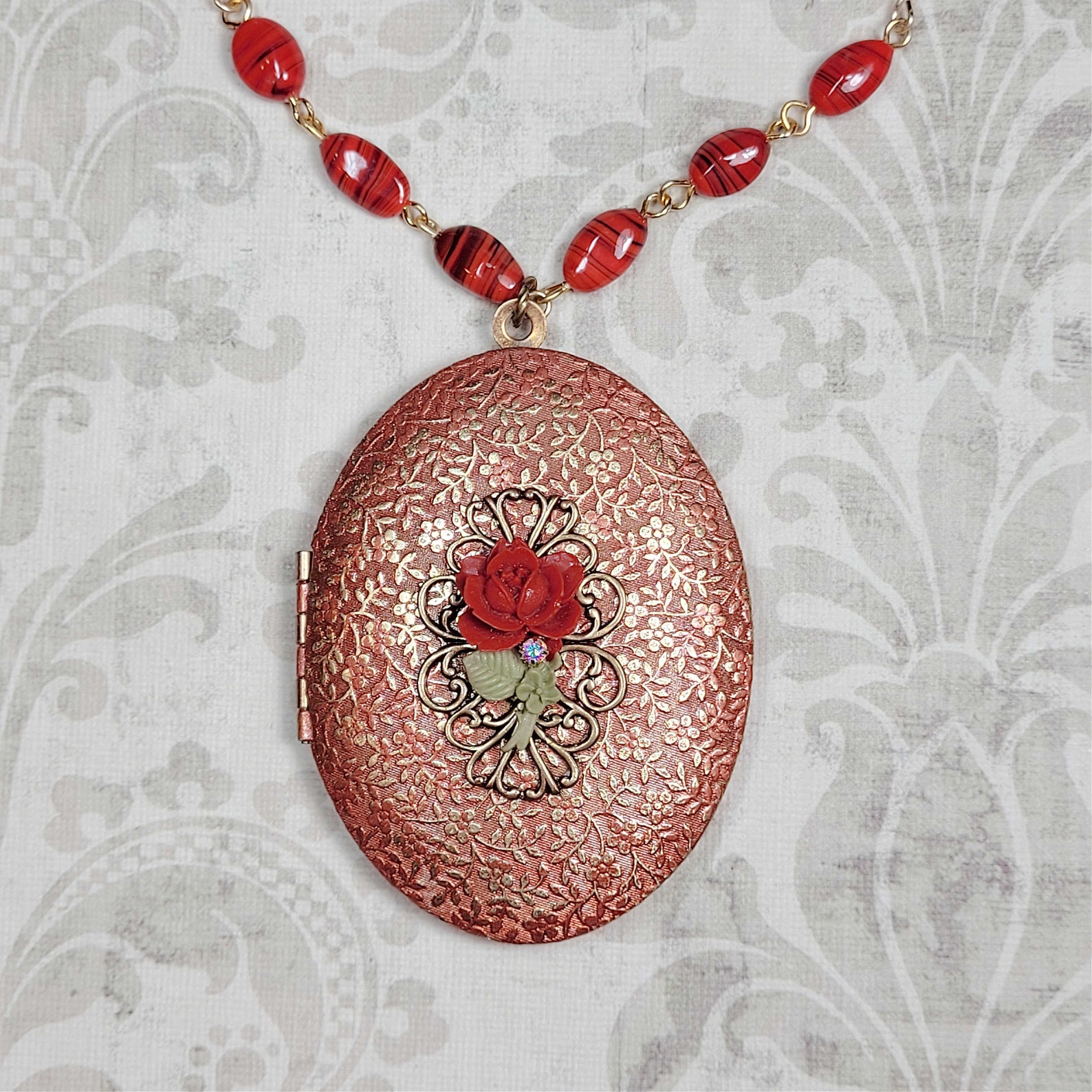 Vintage Locket Necklace, Red Hand Painted Locket, Victorian Locket ...