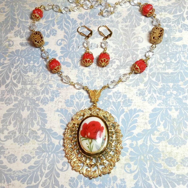 Red Rose Cameo Necklace Set Porcelain Rose Pendant Gold Tone | Etsy