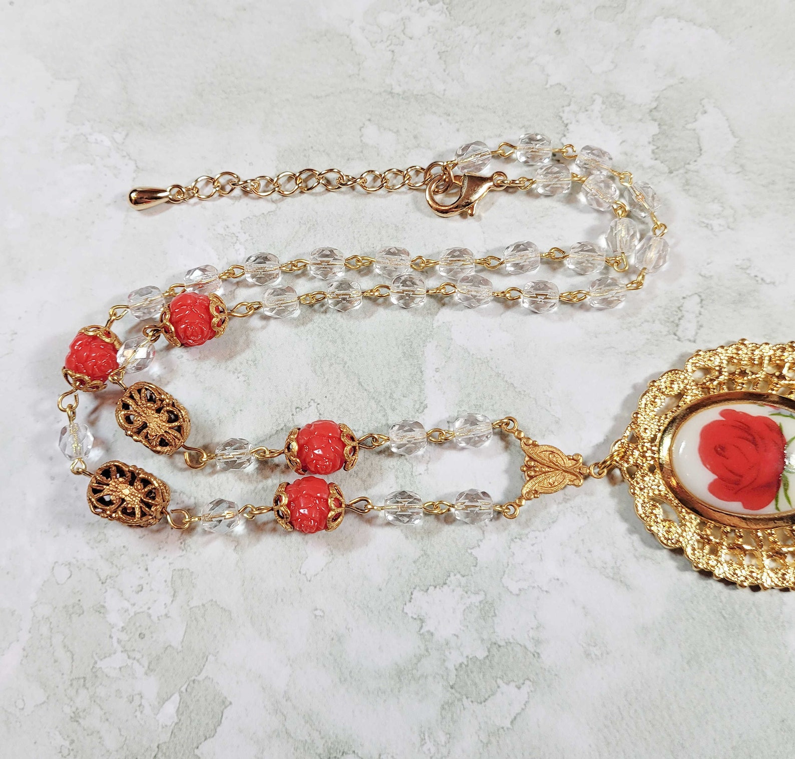 Red Rose Cameo Necklace Set Porcelain Rose Pendant Gold Tone | Etsy