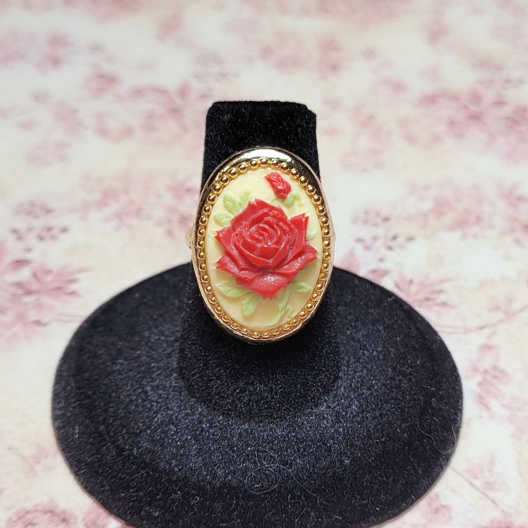 Red Rose Ring, Rose Cameo Ring, Victorian Ring, Antique Style Ring ...